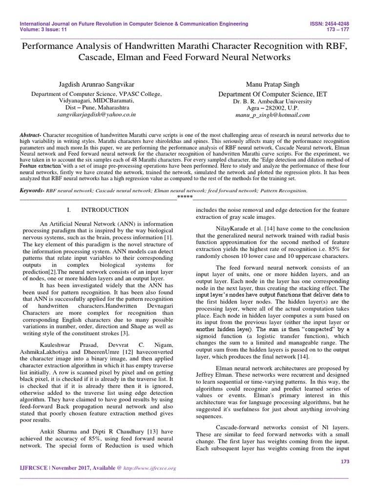 Performance Analysis of Handwritten Marathi Character Recognition With RBF, Cascade, Elman and ...