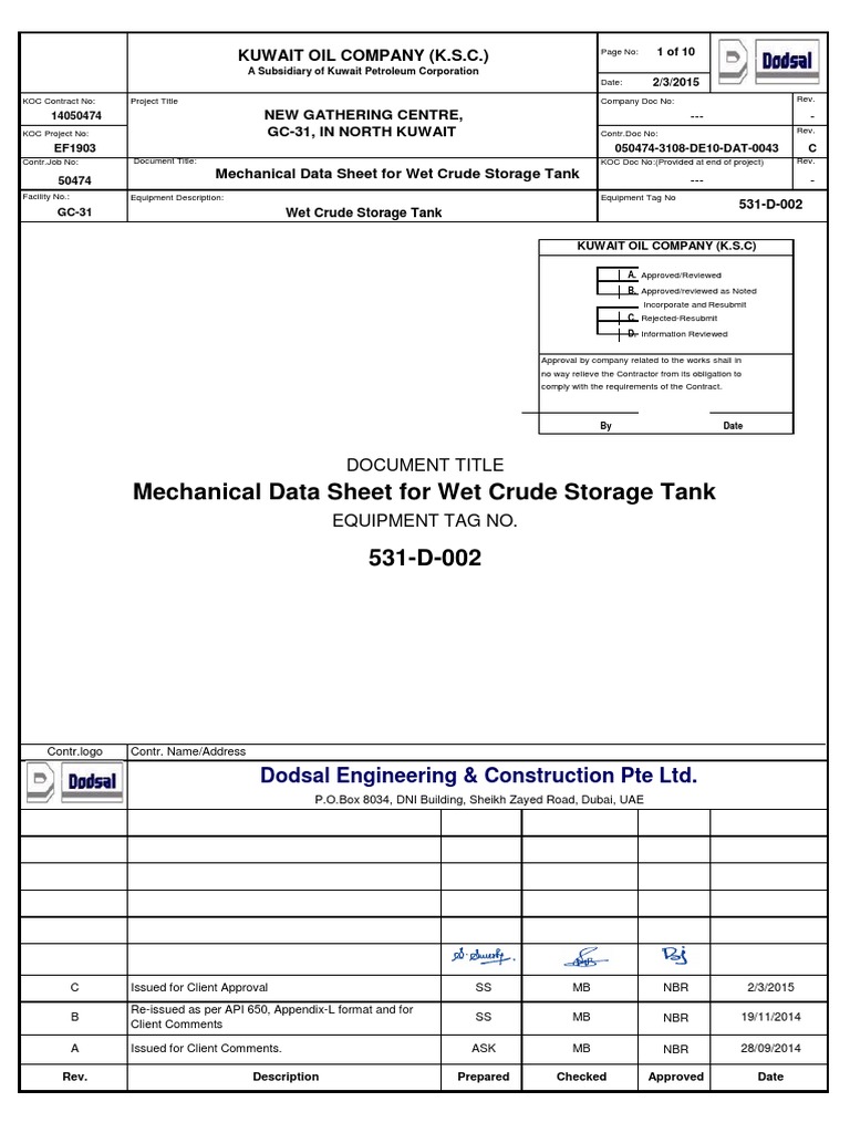 API Data Sheet - Wet Crude Storage Tank | PDF | Screw | Petroleum