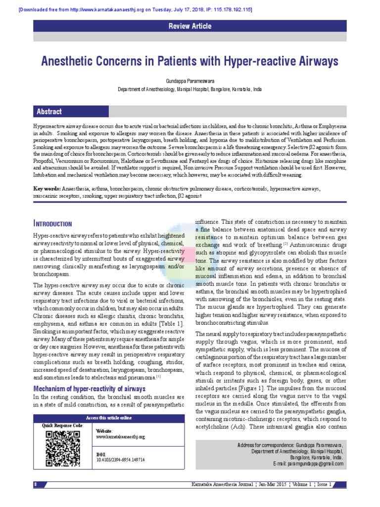 Anesthetic Concerns in Patients With Hyper Reactive Airways: Review ...