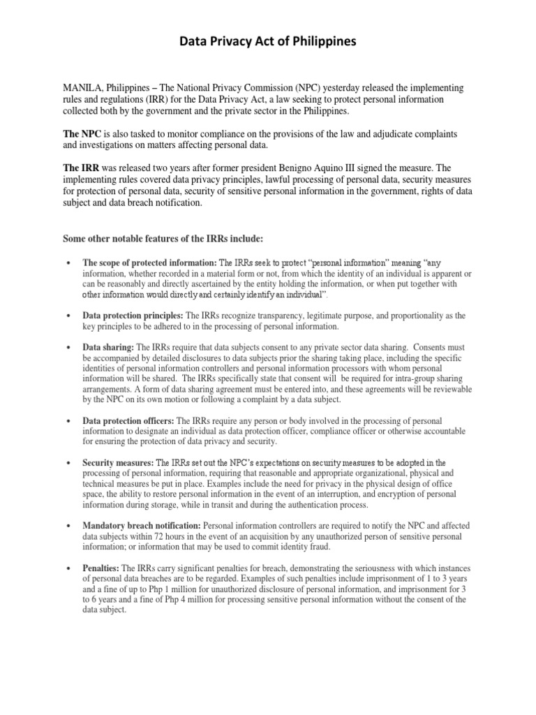 Data Privacy Act IRR in the Philippines | PDF | Personally Identifiable ...