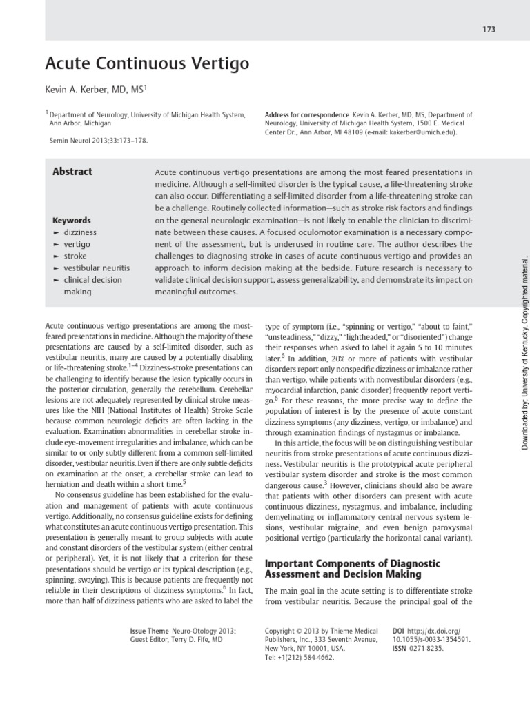 Acute Continuous Vertigo | PDF | Vertigo | Stroke