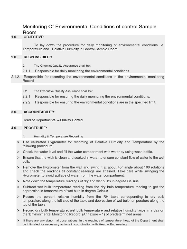 Monitoring of Environmental Conditions of Control Sample Room | PDF ...