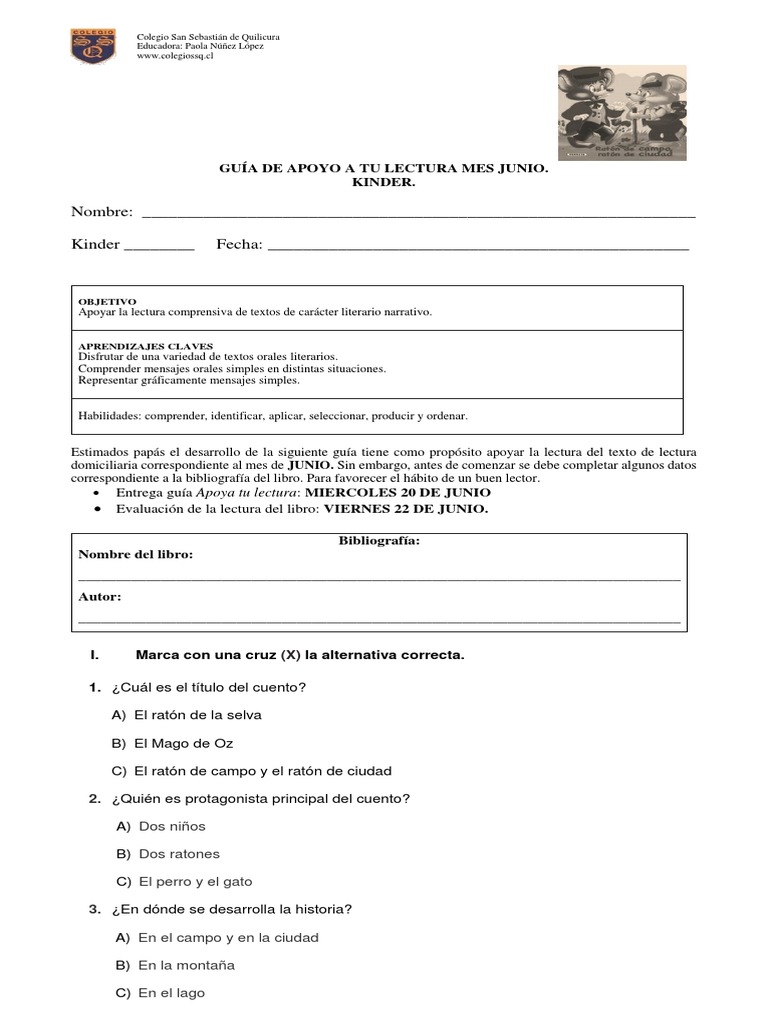 GUÍA de APOYO El Ratón de Campo y El Ratón de Ciudad Junio Kinder 2018 ...