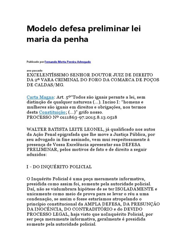 Modelo Defesa Preliminar Lei Maria Da Penha | PDF | Direito Público ...