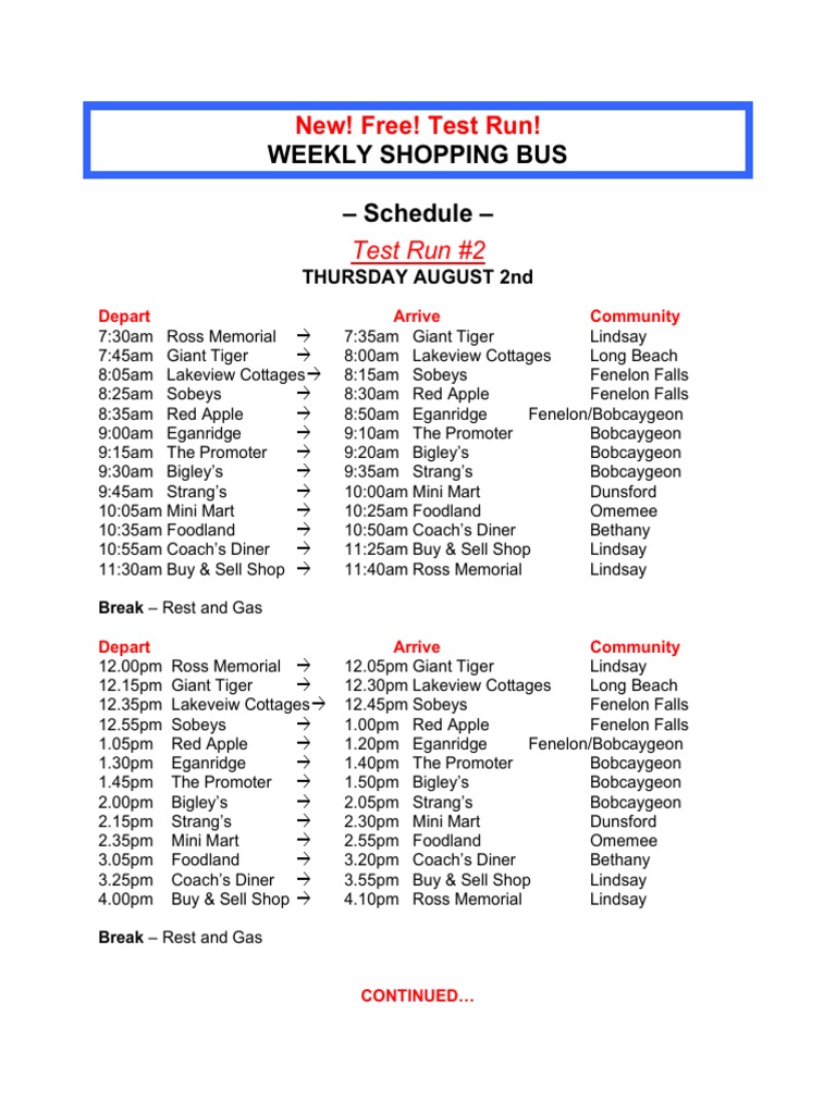 Schedule - Weekly Shopping Bus - TEST RUN #2 - August 2 | PDF | Cooking ...
