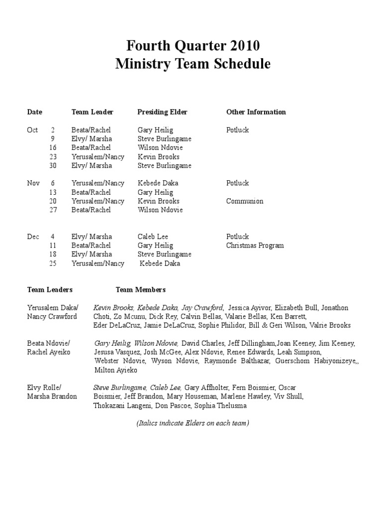 2010 Q4 Ministry Team Schedule | PDF | Religion & Spirituality