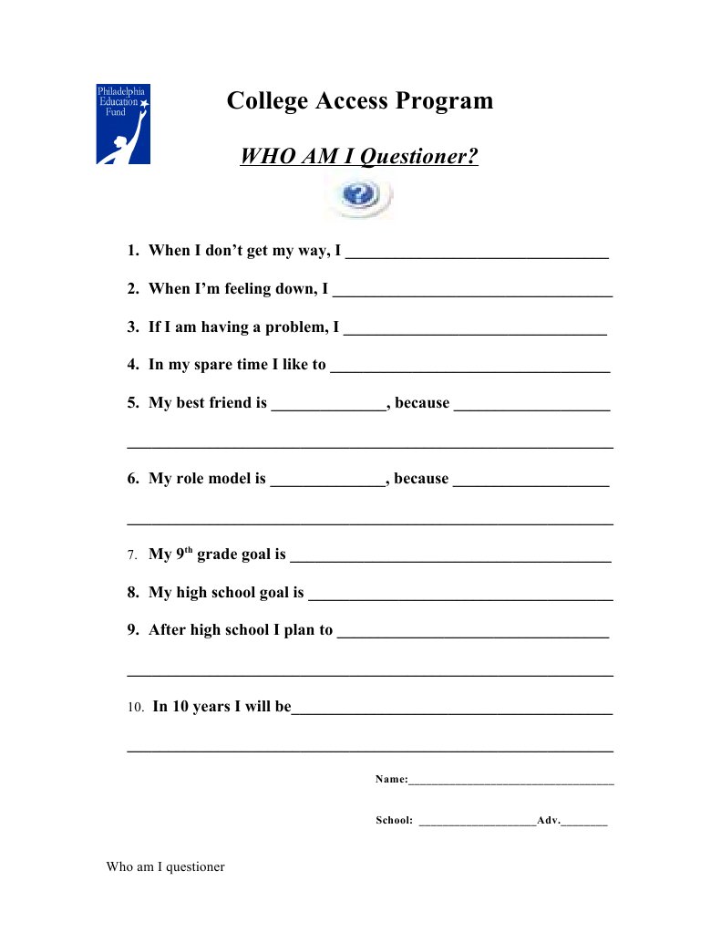 College Access Program: Who Am I? Questionnaire | PDF | Self-Improvement