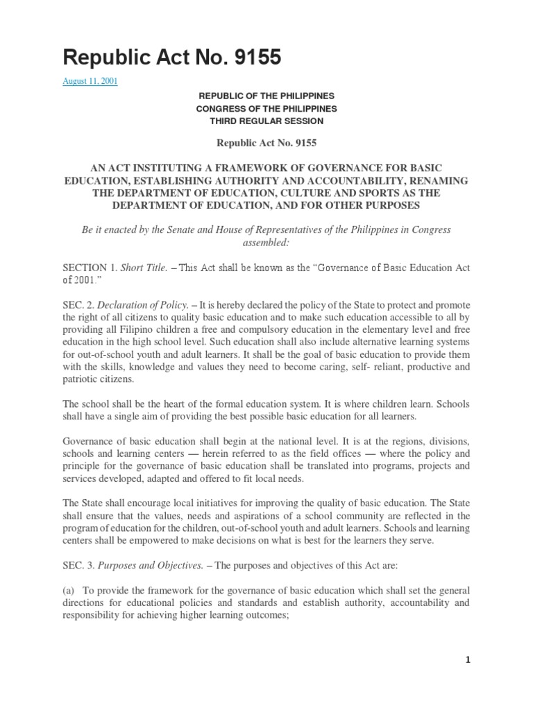 Basic Education RA 9155 | PDF | Governance | Teachers