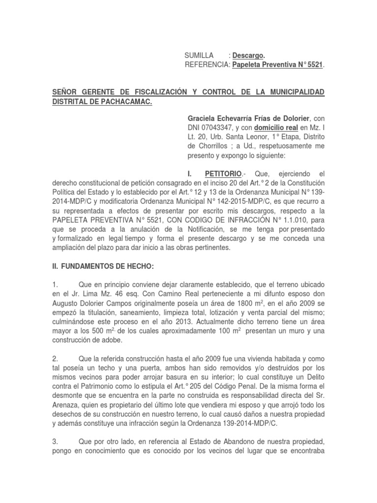 Modelo de Descargo Administrativo | PDF | Nulo (ley) | Constitución