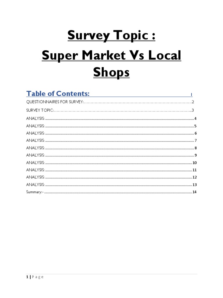 Survey Topic: Super Market Vs Local Shops: Table of Contents | Download ...
