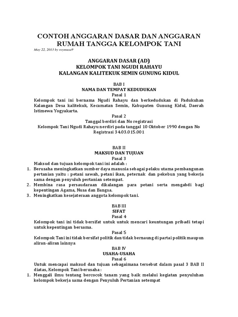 Contoh Anggaran Dasar Dan Anggaran Rumah Tangga Kelompok | PDF