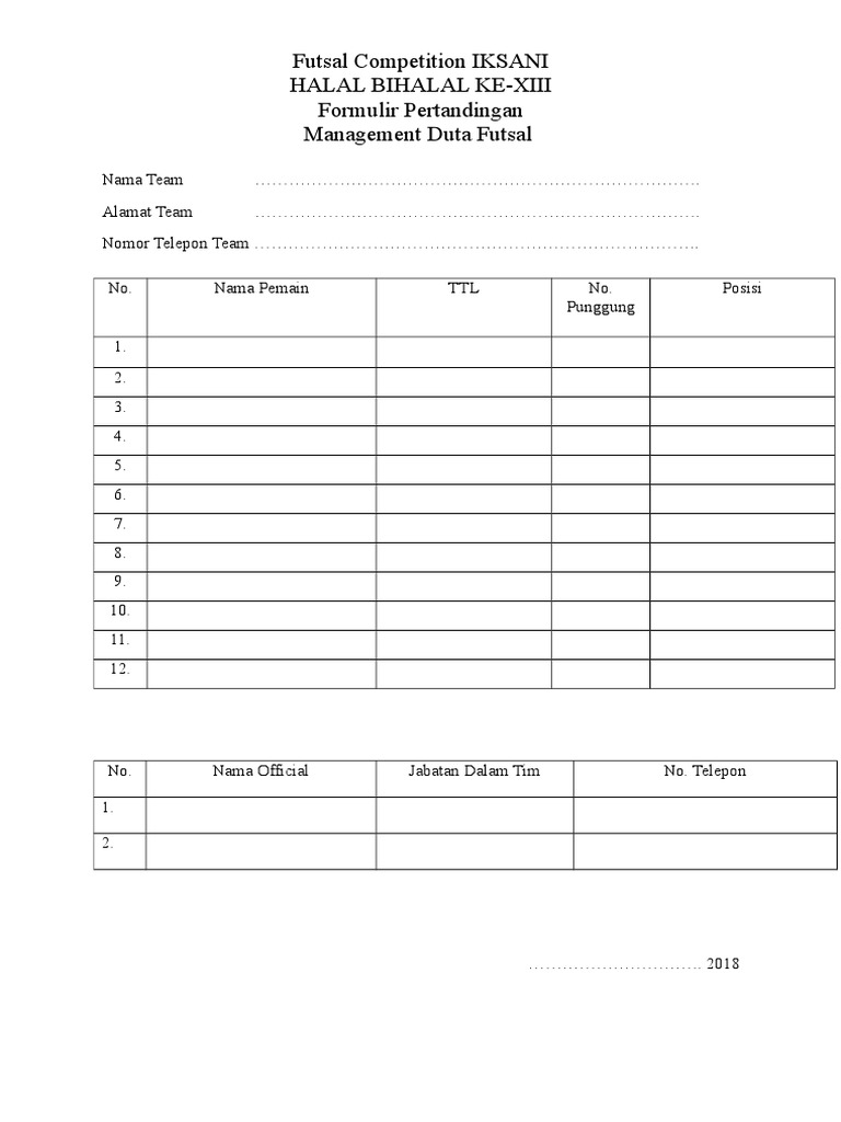 Form Pendaftaran Futsal | PDF