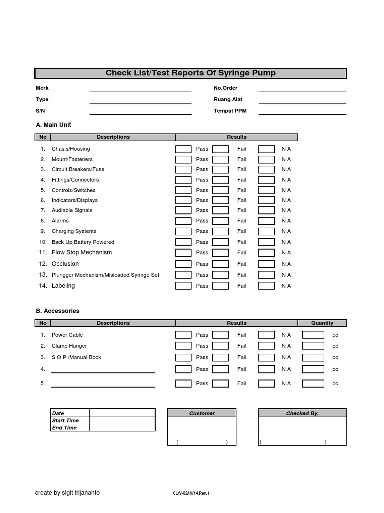 Syringe Pump Test Checklist Report | PDF | Components | Electric Power