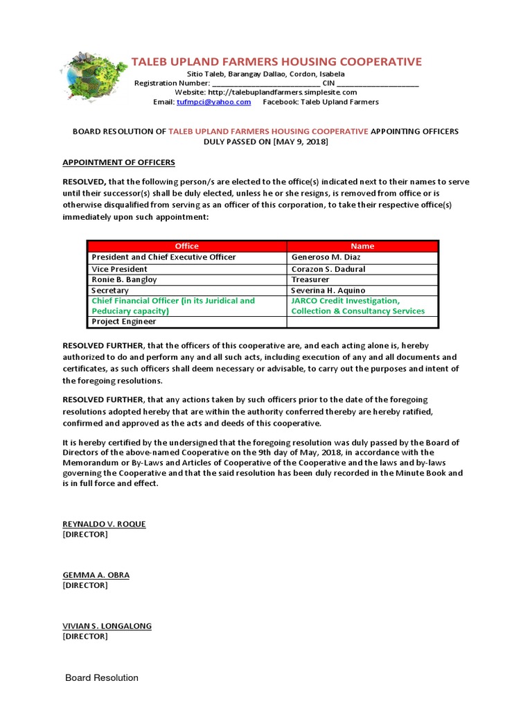 Board Resolution of Tufhc Appointing Officers | PDF | Constitutional ...