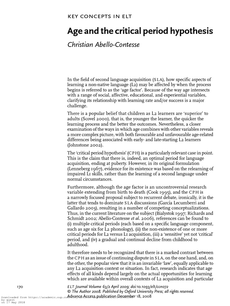 Age and the critical period hypothesis: key concepts in elt | Second ...