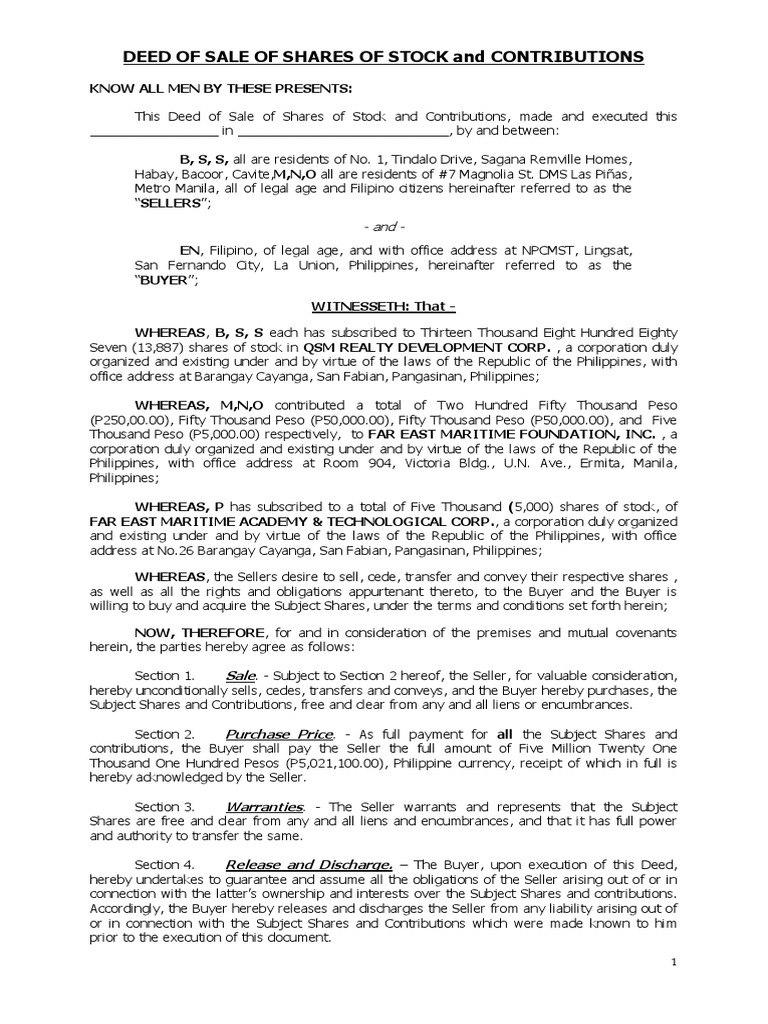 Deed of Sale of Shares of Stock and Contributions | PDF | Lien | Sales