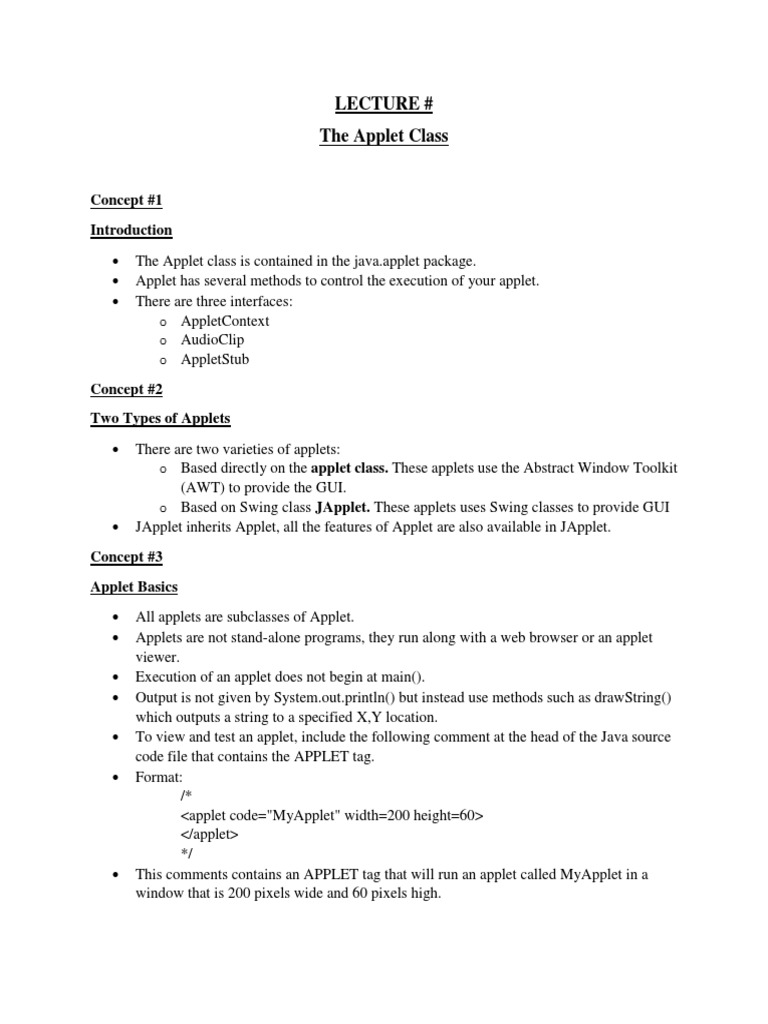 Lecture # The Applet Class: Concept #1 | PDF | Html Element | Java ...