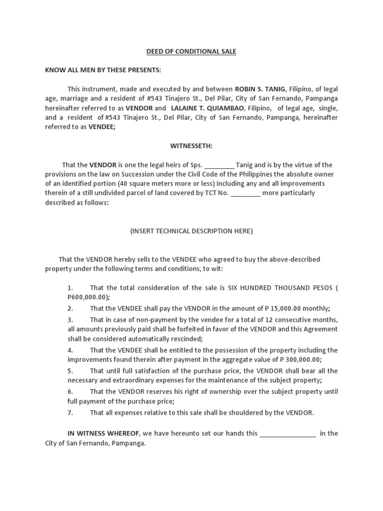 Deed of Conditional Sale Know All Men by These Presents | PDF | Deed ...
