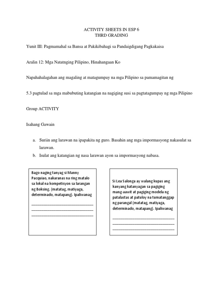 Activity Sheets in Esp 6 5.3