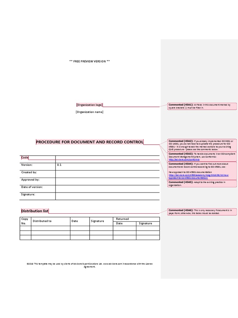 00 Procedure For Document And Record Control Preview En Pdf Iso