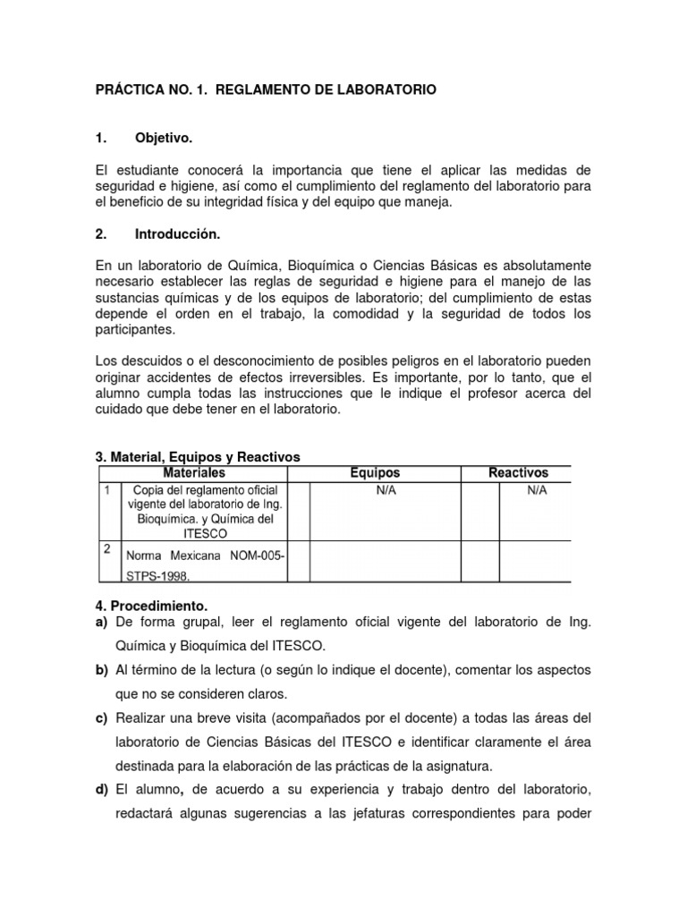 Práctica No. 1 Reglamento de Laboratorio | Descargar gratis PDF | Laboratorios | Regulación