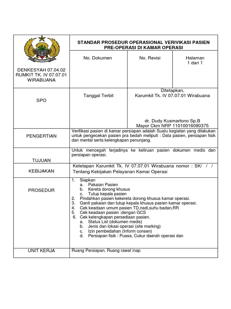 Spo Verifikasi Pasien Pre Operasi Di Kamar Operasi | PDF