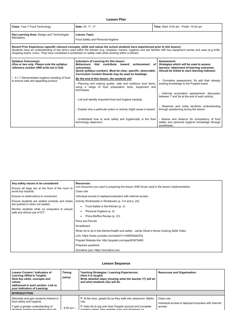 Lesson Plan - Food Safety and Hygiene | PDF | Hygiene | Foods