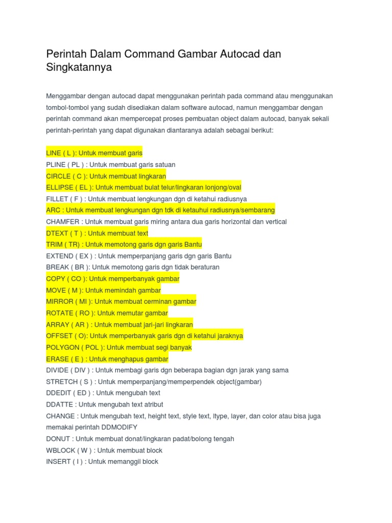 Perintah Dalam Command Gambar Autocad Dan Singkatannya | PDF