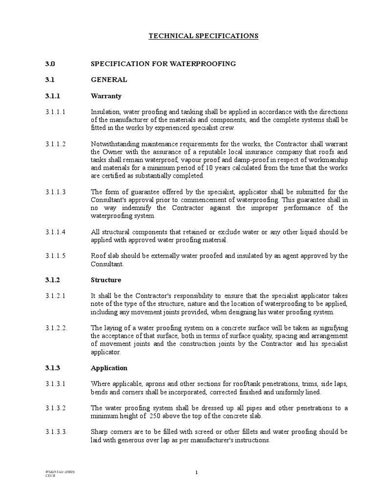 Water Proofing Specification | PDF | Concrete | Mortar (Masonry)