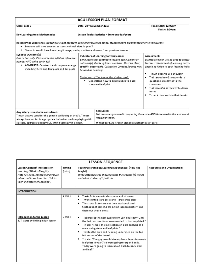 Acu Lesson Plan Format: Specific, Observable. Curriculum Content ...