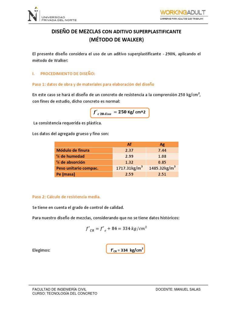 Diseño de Mezclas - Metodo Walker Utilizando Aditivo Superplastificante ...