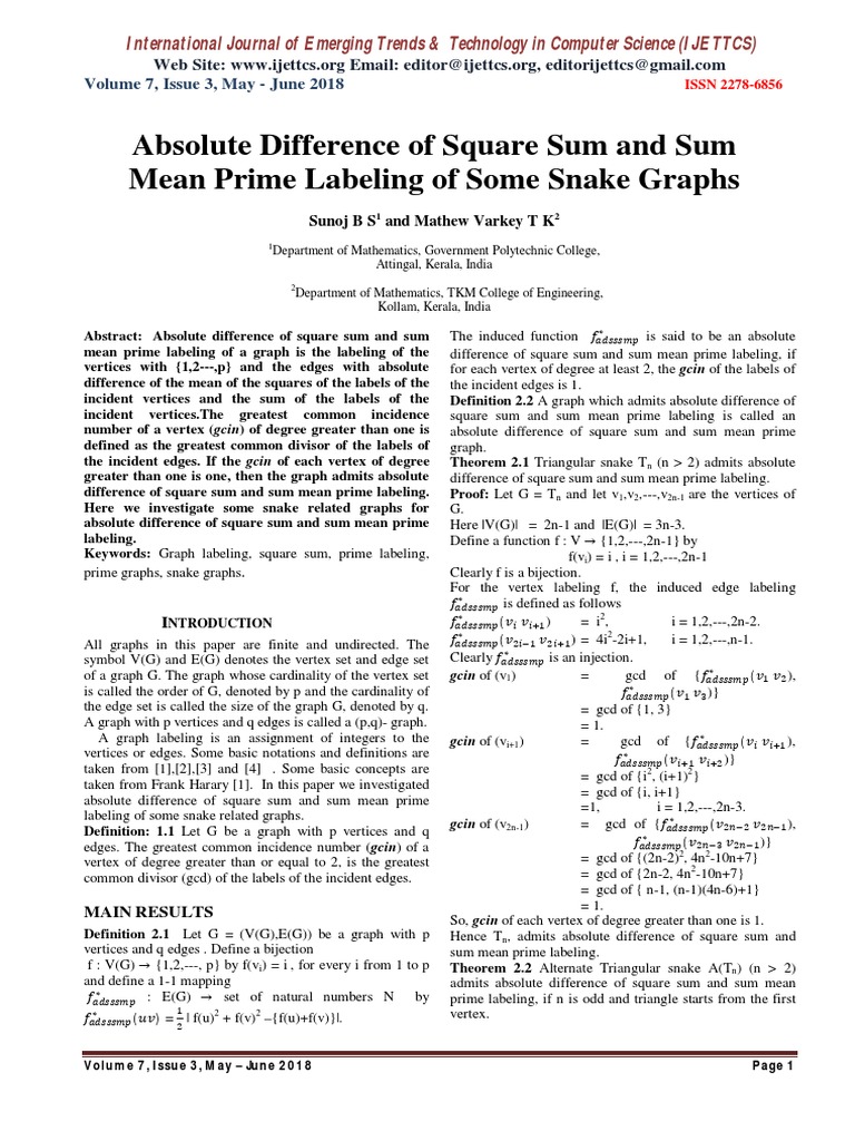 Absolute Difference of Square Sum and Sum Mean Prime Labeling of Some Snake Graphs | PDF ...