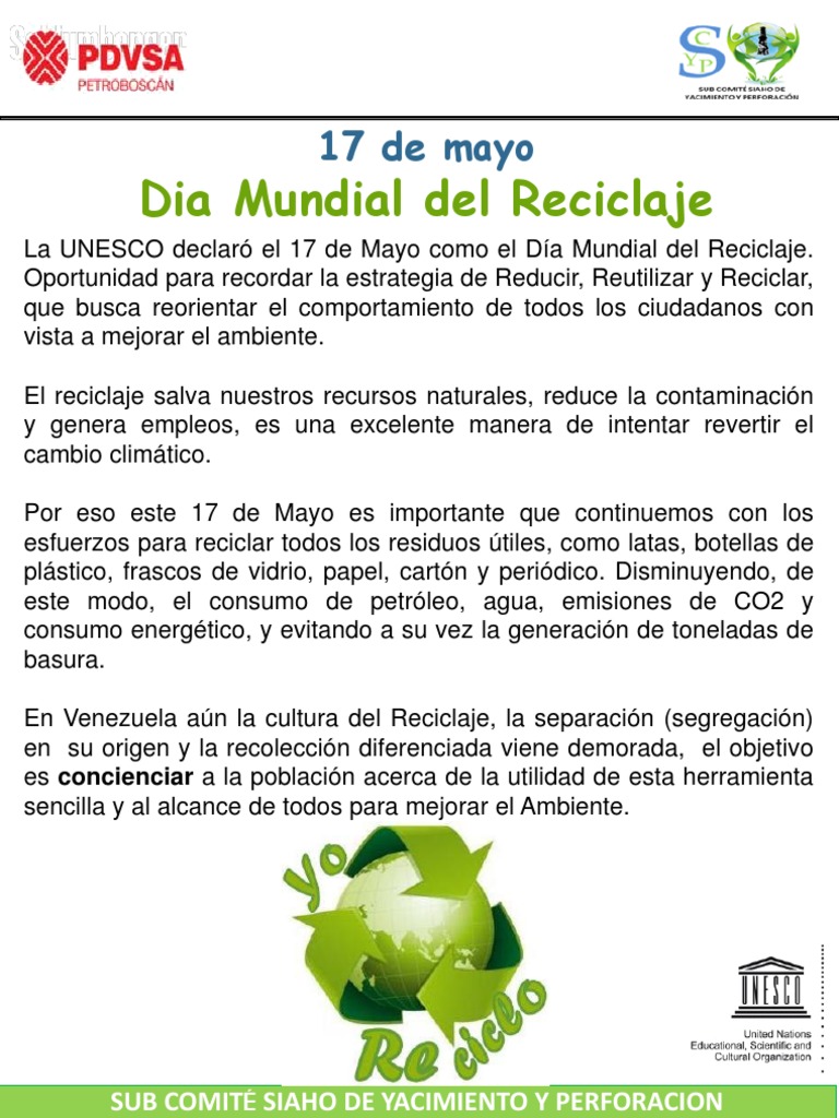 Efemeride Ambiental Dia Mundial Del Reciclaje 17 05 18 | PDF