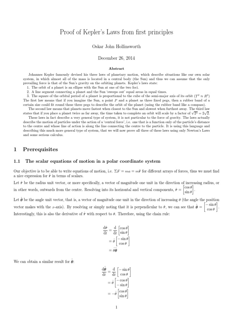 Proof of Kepler's Laws From First Principles: 1 Prerequisites | PDF ...