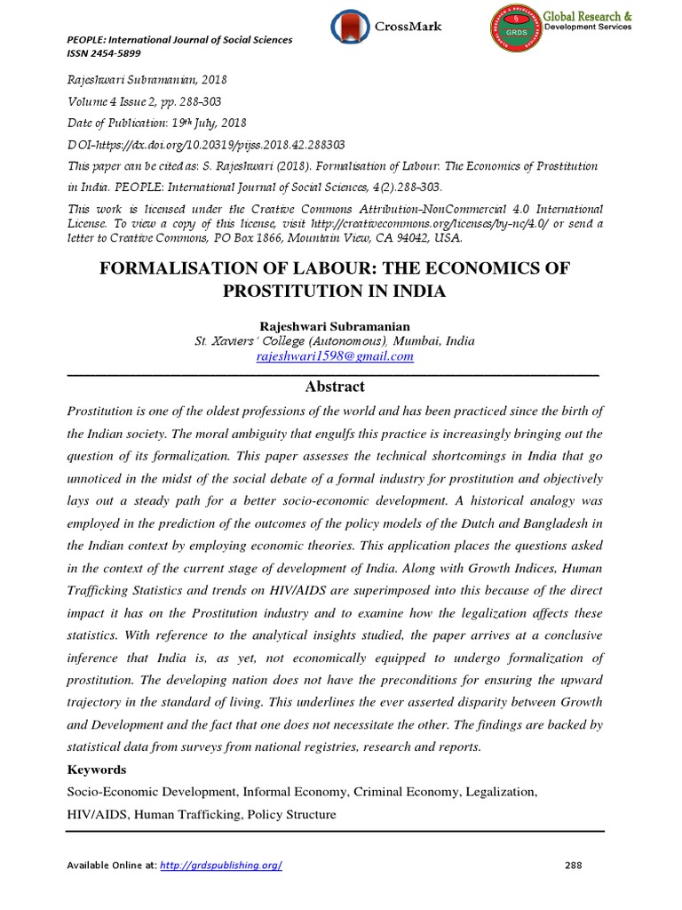 Formalisation Of Labour The Economics Of Prostitution In India Pdf Download Free Pdf