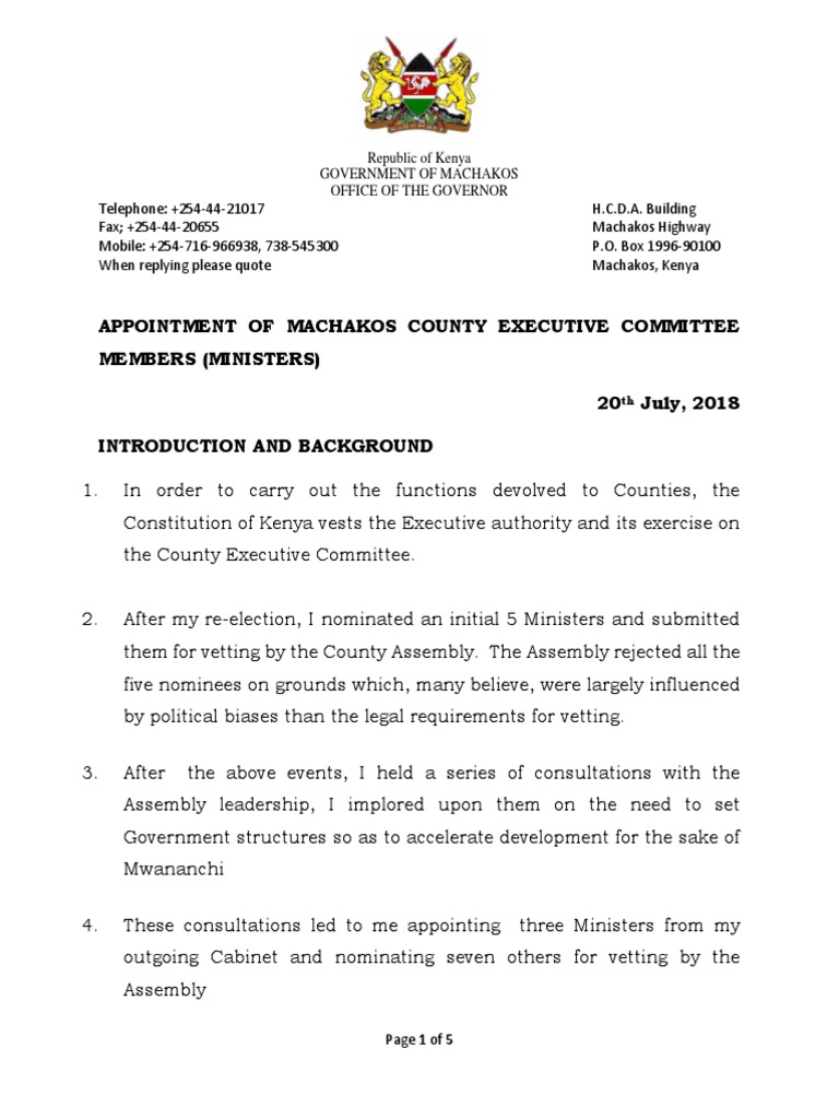 Appointment of Machakos County Ministers | PDF | Committee | Justice