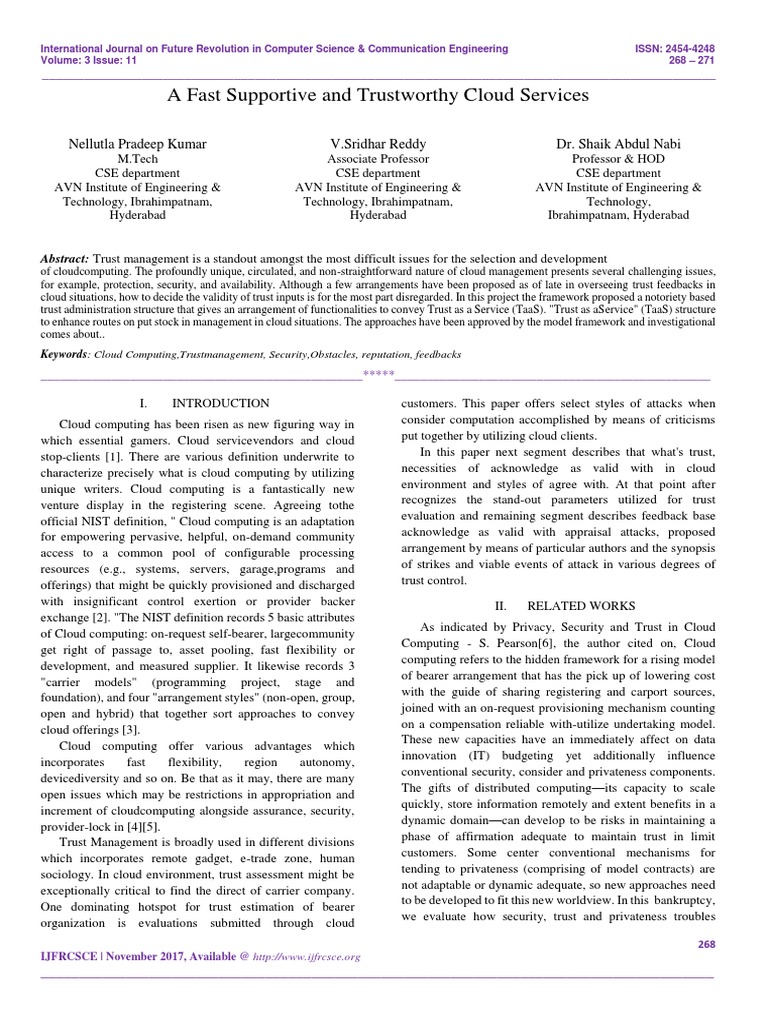 A Fast Supportive and Trustworthy Cloud Services: Nellutla Pradeep Kumar V.Sridhar Reddy Dr ...