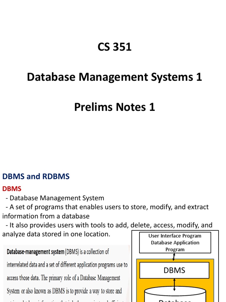 Cs 351 Database Management Systems 1 Prelims Notes 1 Download Free Pdf Oracle Database Sql
