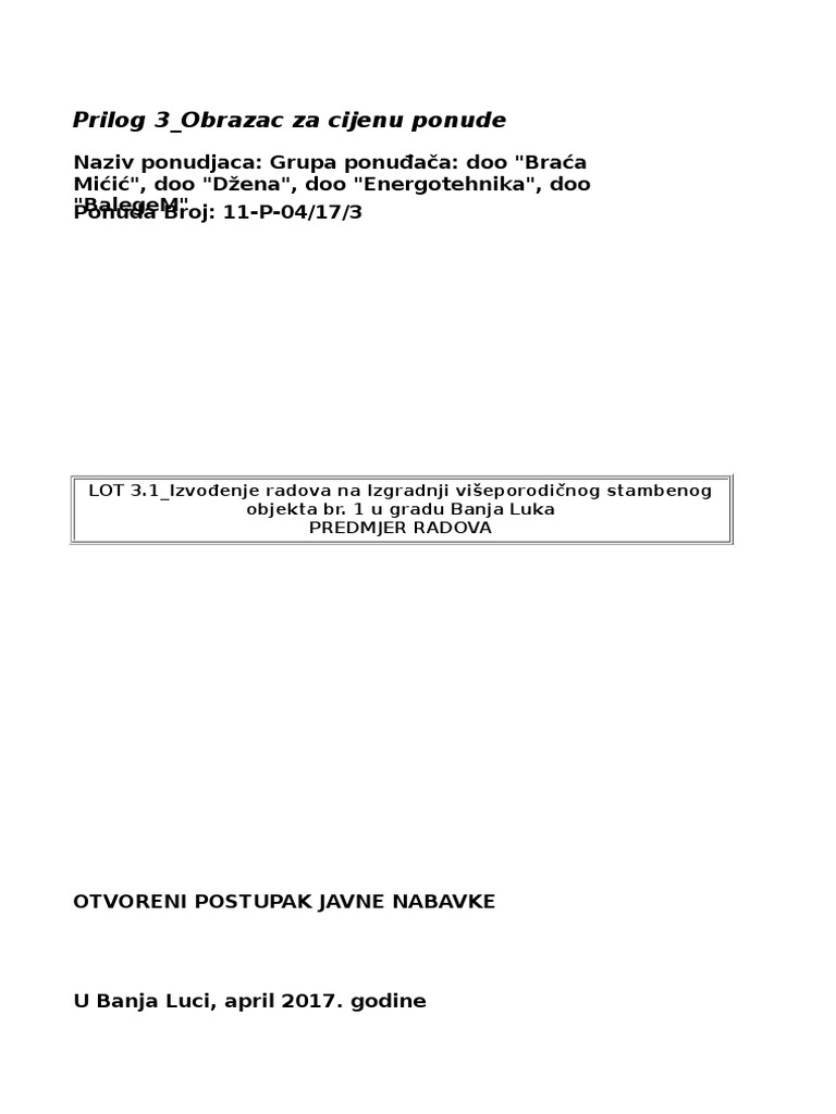 Predmjer Radova - LOT 3 - BL - Objekat BR 1 | PDF