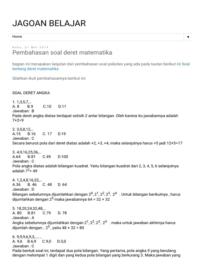 JAGOAN BELAJAR Pembahasan Soal Deret Matematika | PDF
