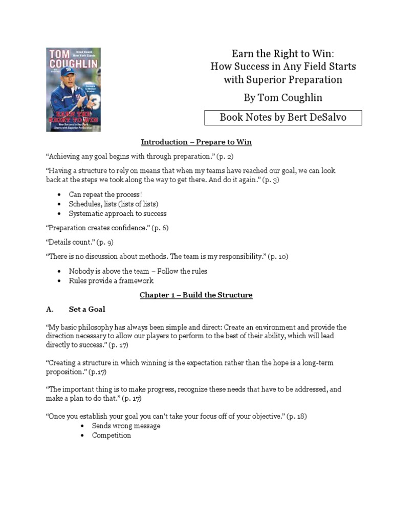 Tom Coughlin Earn The Right To Win Book Notes | PDF | Goal | Motivation
