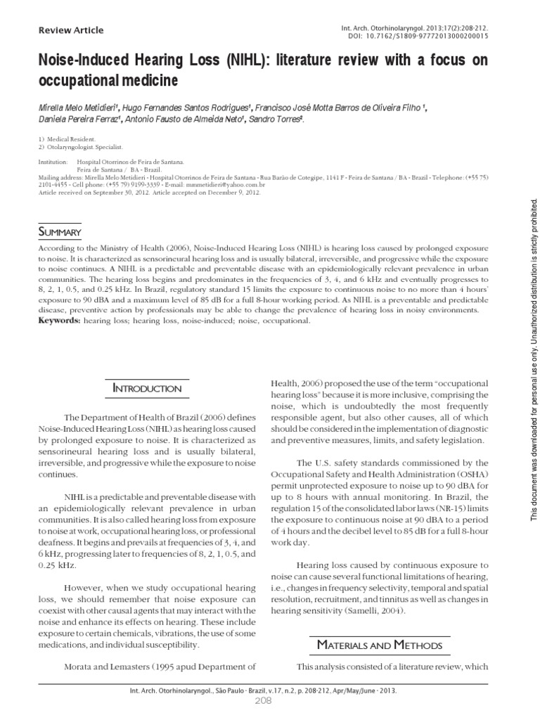 Noise-Induced Hearing Loss (NIHL) : Literature Review With A Focus On ...