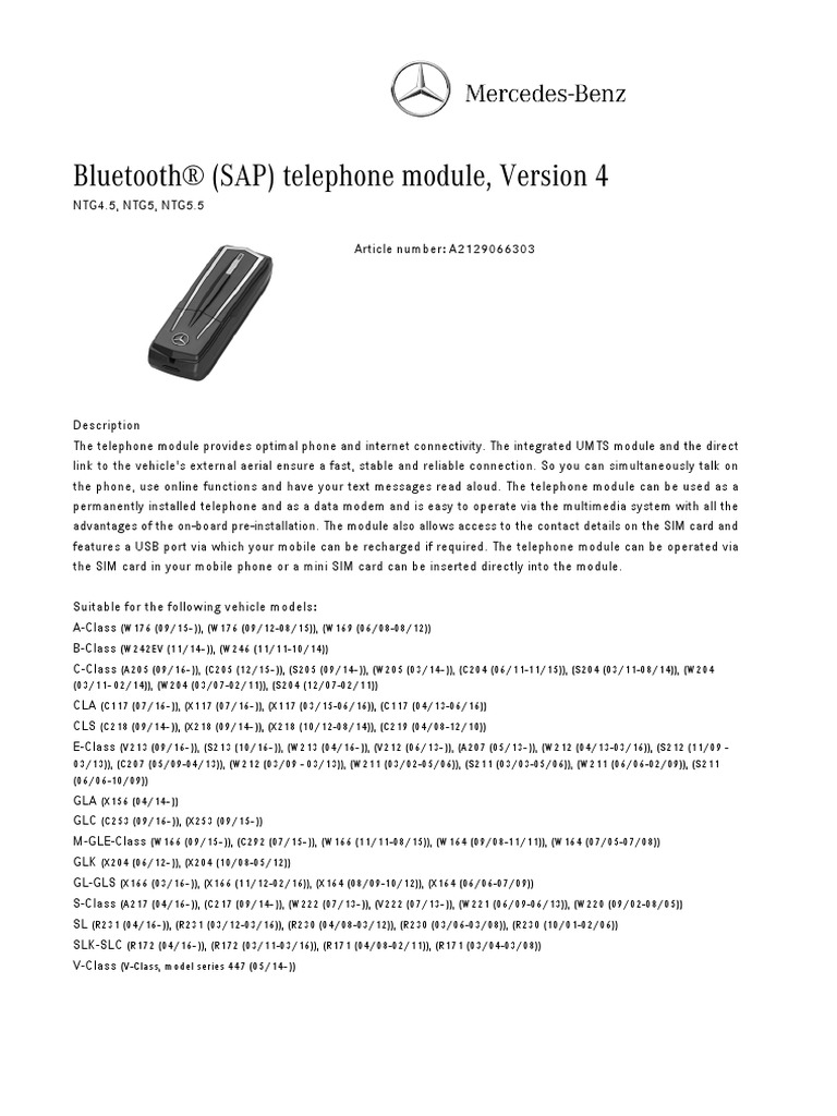 Bluetooth® (SAP) Telephone Module, Version 4 | PDF | Mercedes Benz ...