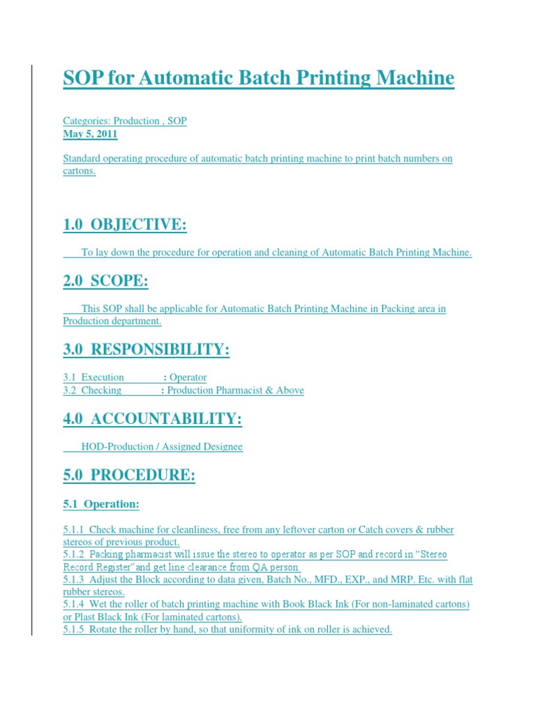 SOP For Automatic Batch Printing Machine | PDF