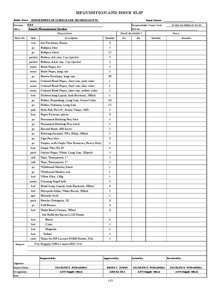 Requisition and Issue Slip: FAS Supply Management Section | PDF ...