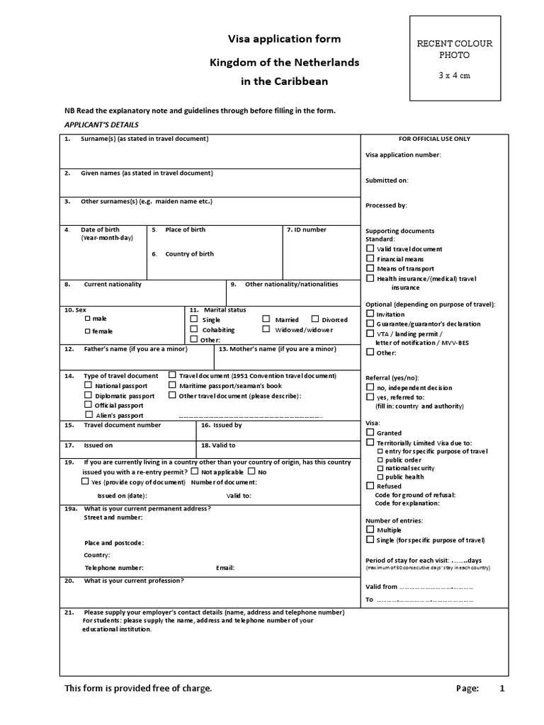 Visa Application Form Kingdom of The Netherlands in The Caribbean ...