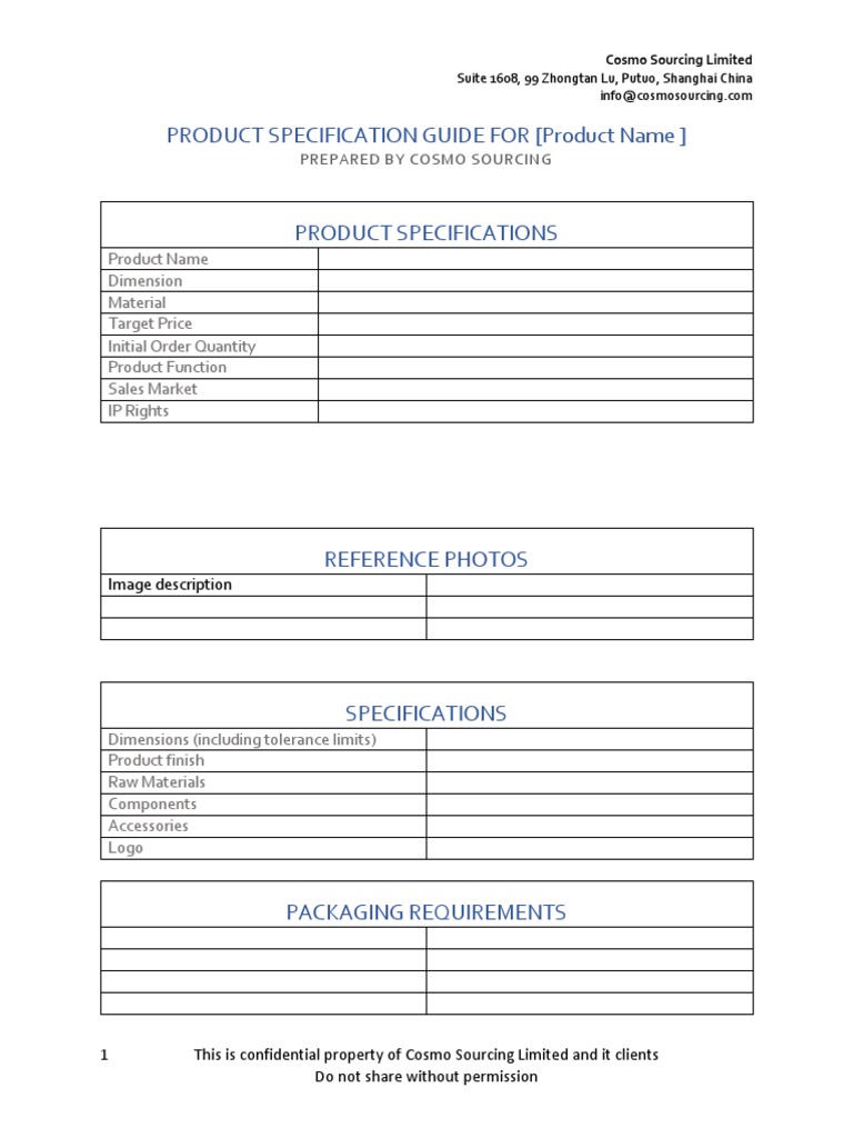 Product Specification Guide For (Product Name) | PDF