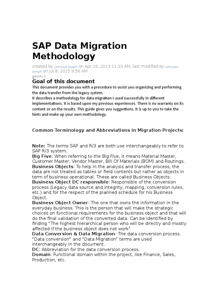 SAP Data Migration Methodology | PDF | Business Process | Sales