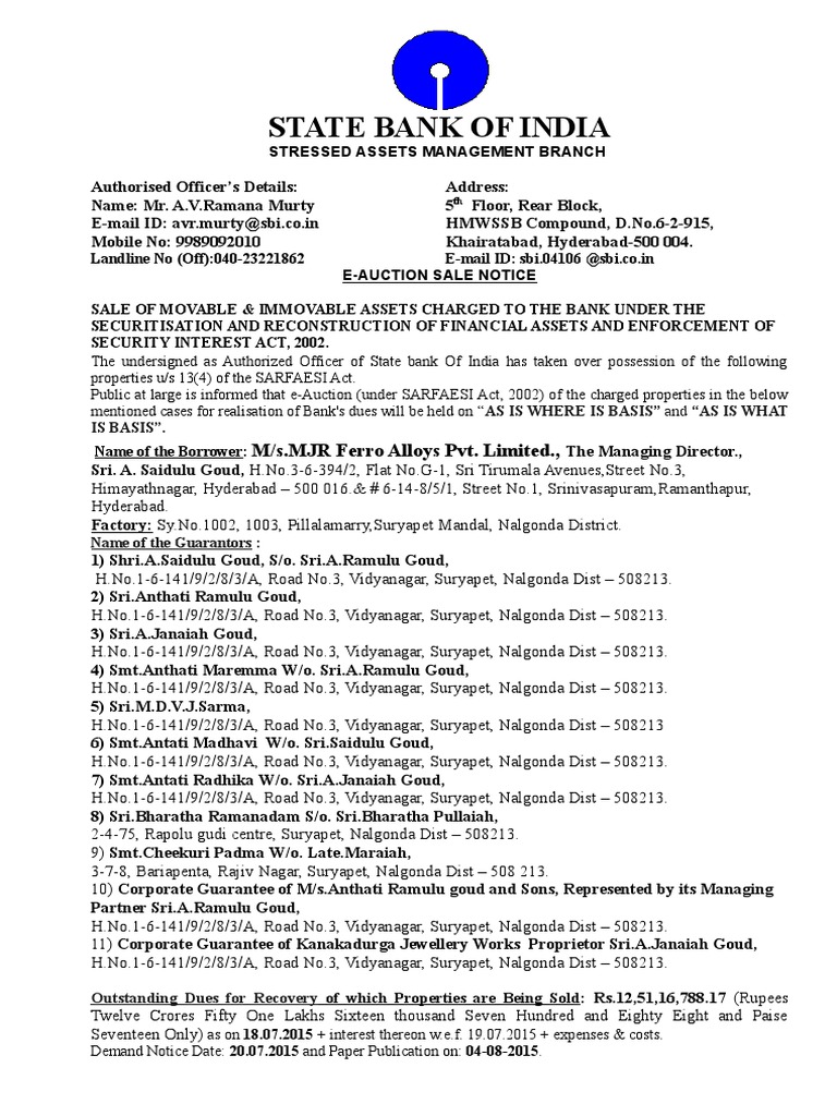 State Bank of India: M/S.MJR Ferro Alloys Pvt. Limited | PDF | Identity ...