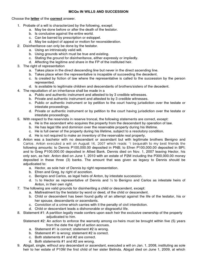 Mcqs in Wills and Succession | PDF | Will And Testament | Intestacy